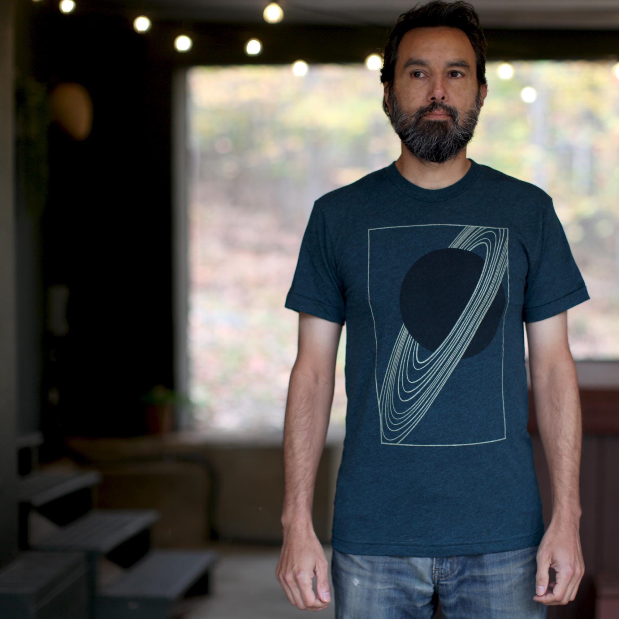 Gold Rings of SATURN Men's T-shirt Black Aqua, Hand-printed Made in USA ...