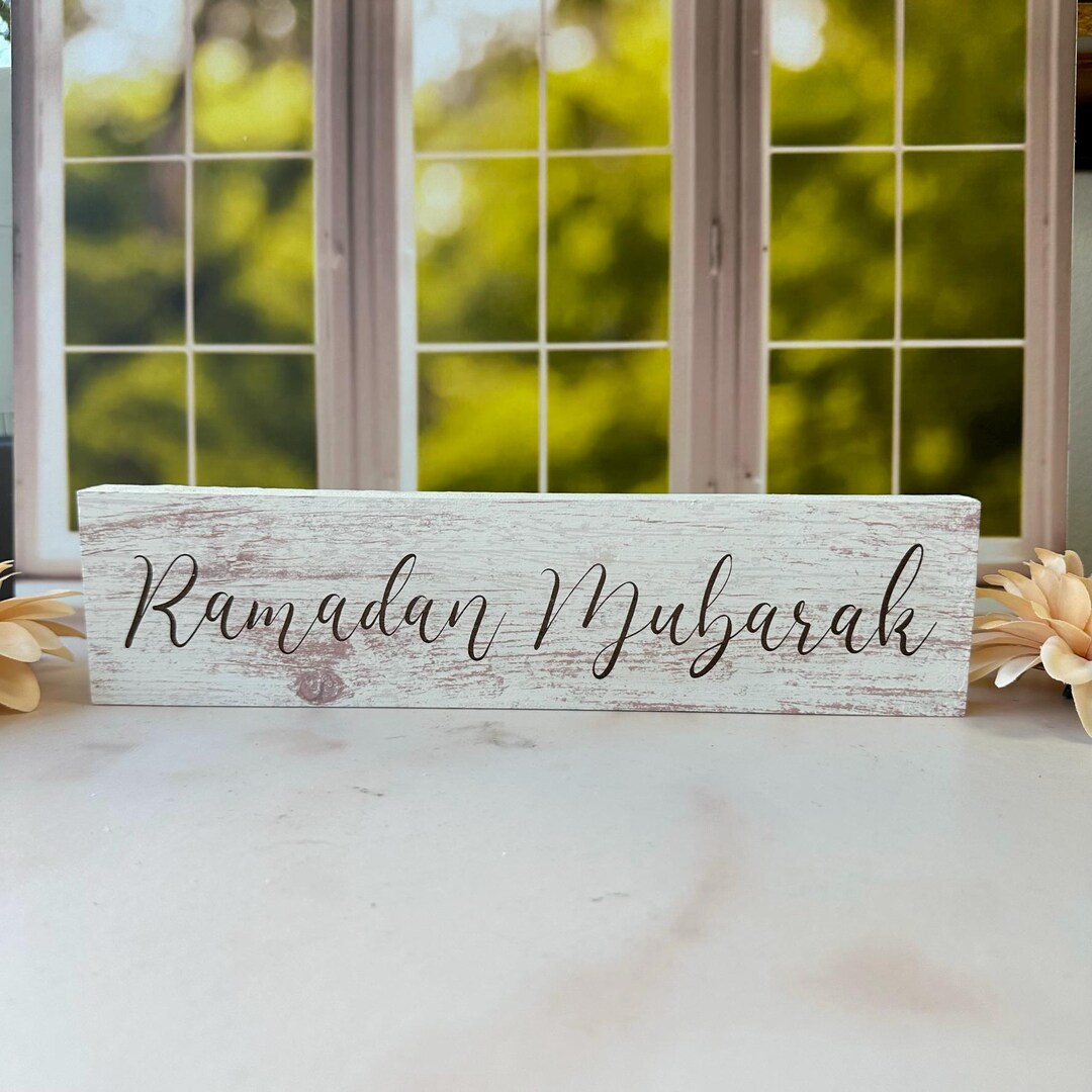Double Sided Ramadan & Eid Sign, Ramadan Mubarak Engraved Wood Block, 2 ...