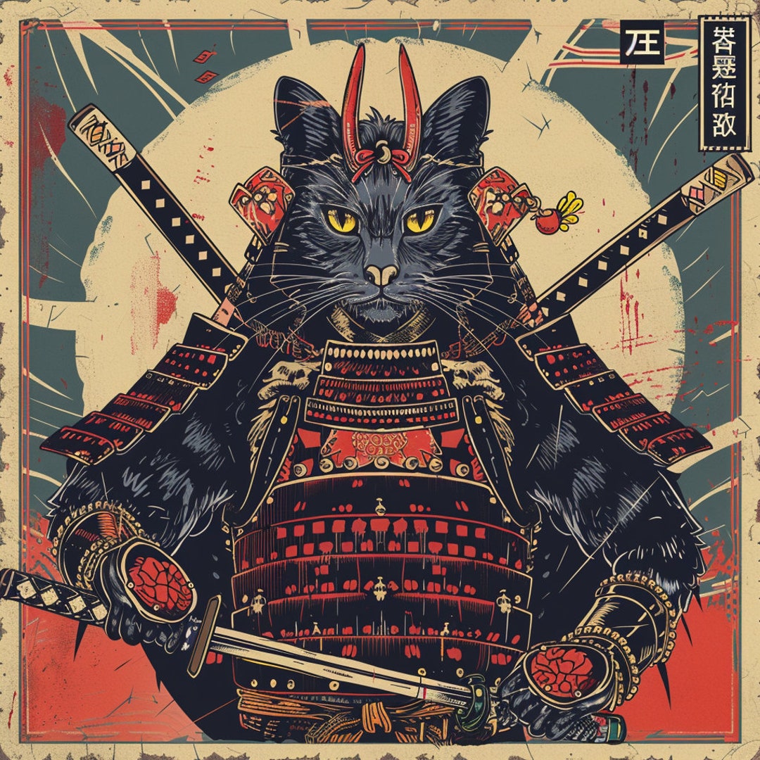 8-bit Samurai Cat Art Grunge Ukiyo-e Style Printable Wall Decor Warrior ...