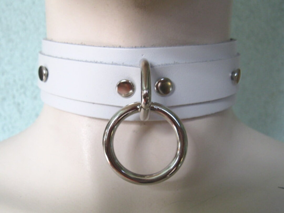 White Leather Collar Choker , With One Heavy Nickel Plated 0 Ring and D ...