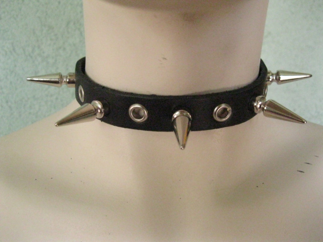 Black Leather Choker With Long Spikes and Eyelets - Etsy