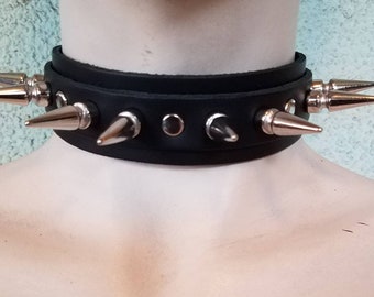 Black Leather Choker With Long Spikes and Eyelets | Etsy