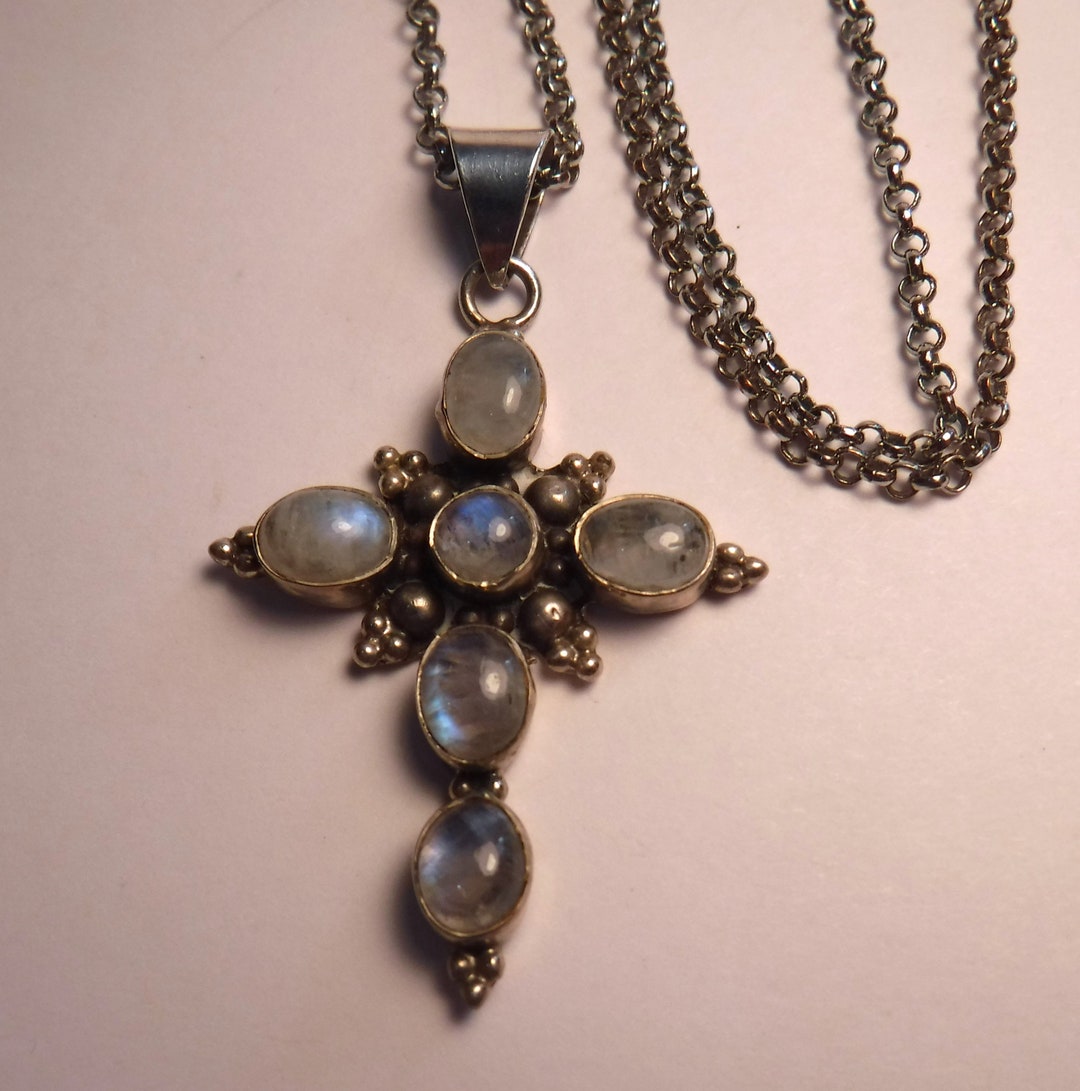 Rainbow Moonstone Cross Sterling Silver Pendant Necklace Vintage ...