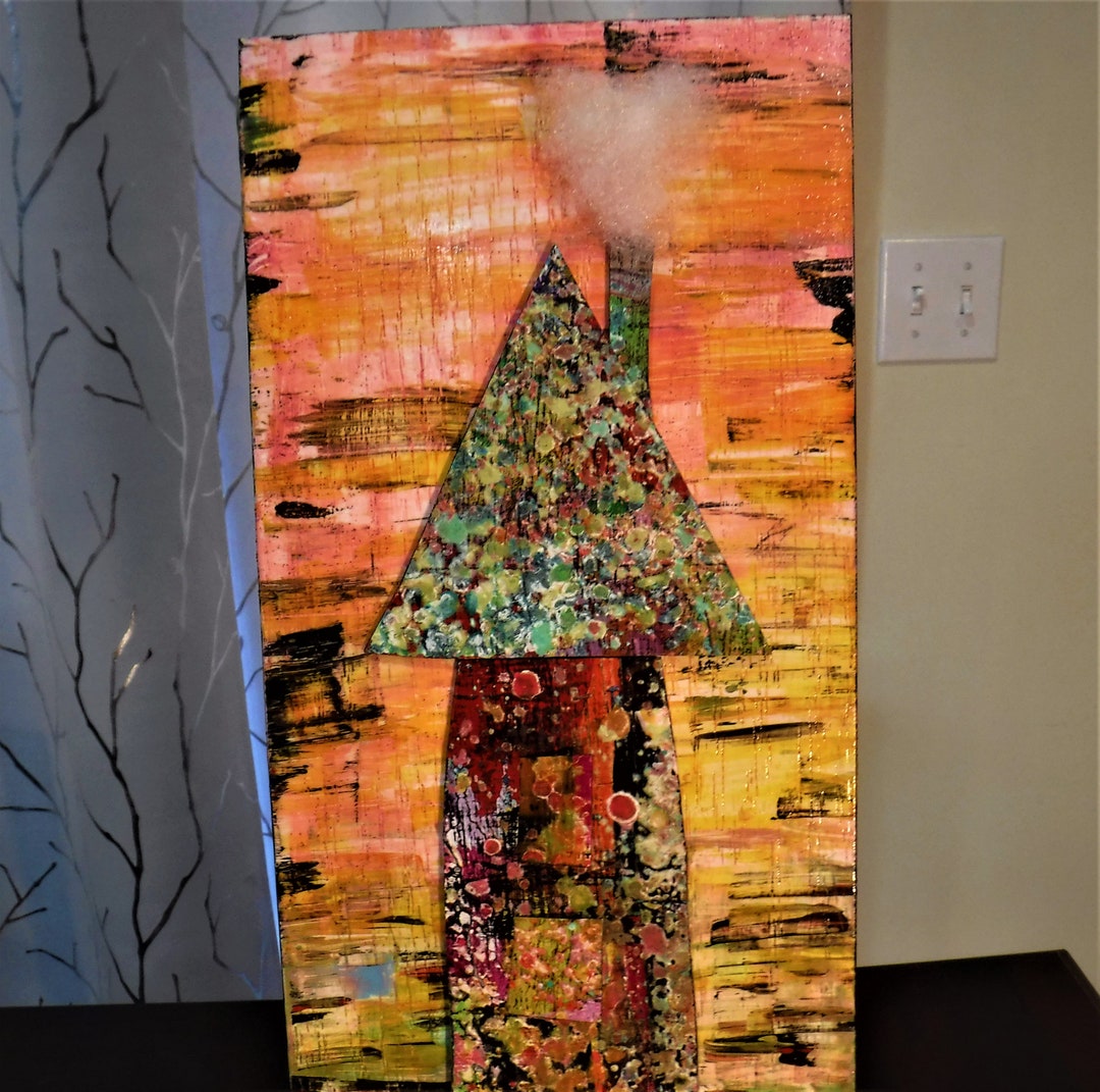 Folk Art Hobbit House Mixed Media Painting Wall Art Art Unique Home ...