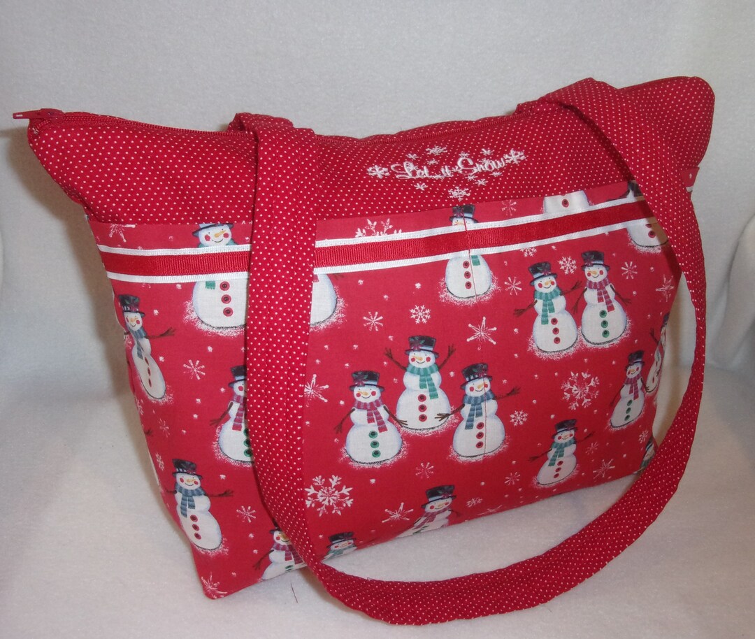 Red Christmas Snowmen Snowman Santa Polka Dots 10 Pockets Tote Purse ...