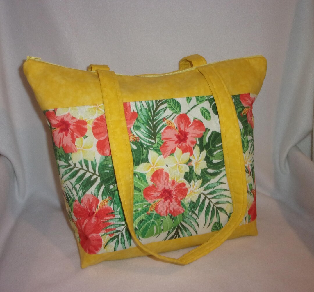 Hawaiian Hibiscus Tote Bag: Large Roomy Travel Purse Coral Yellow Green ...