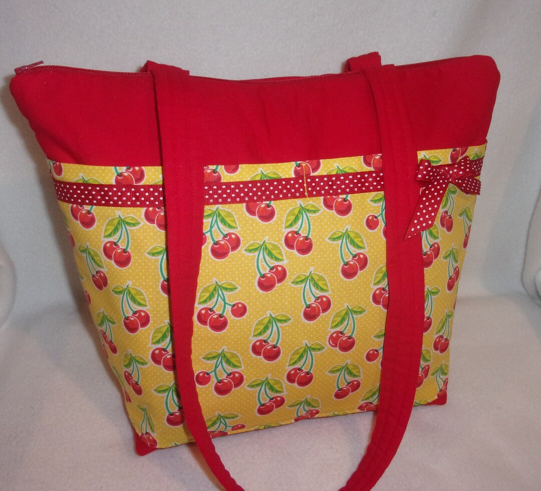 Ships Asap Summer Yellow Red Spring Cherries 10 Pockets Handbag Tote ...