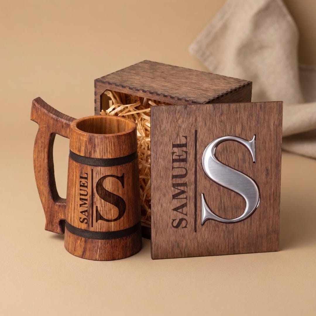 Personalized Oak Beer Mug Gift Set With Wooden Box - Metallic Silver ...