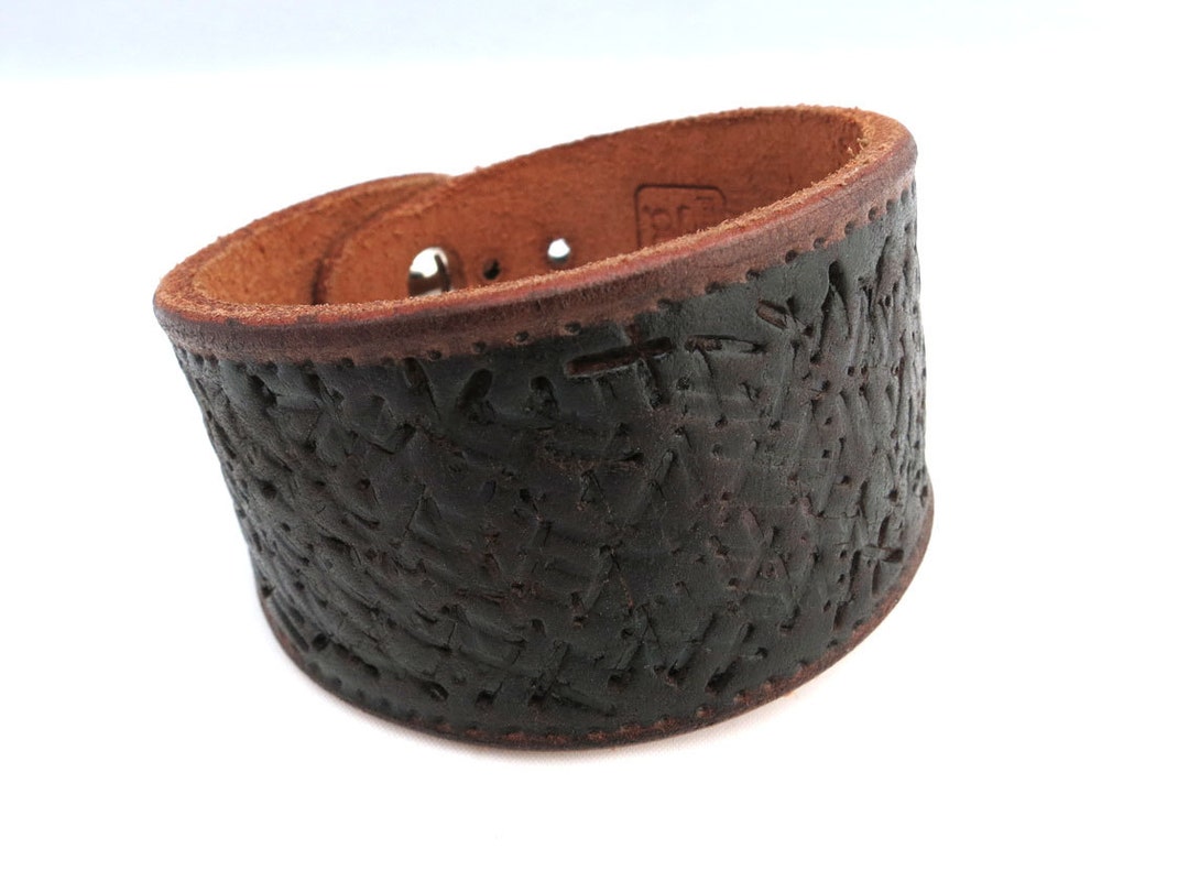Brown Leather Bracelet Cuff- Unisex, Women, Hand Embossed Black and ...