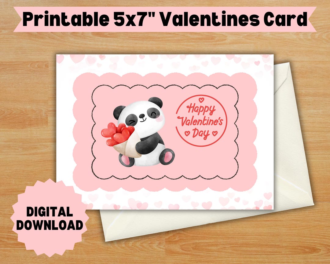 Printable Cute Panda Bear Valentine's Day Card, Instant Download, 5x7 ...