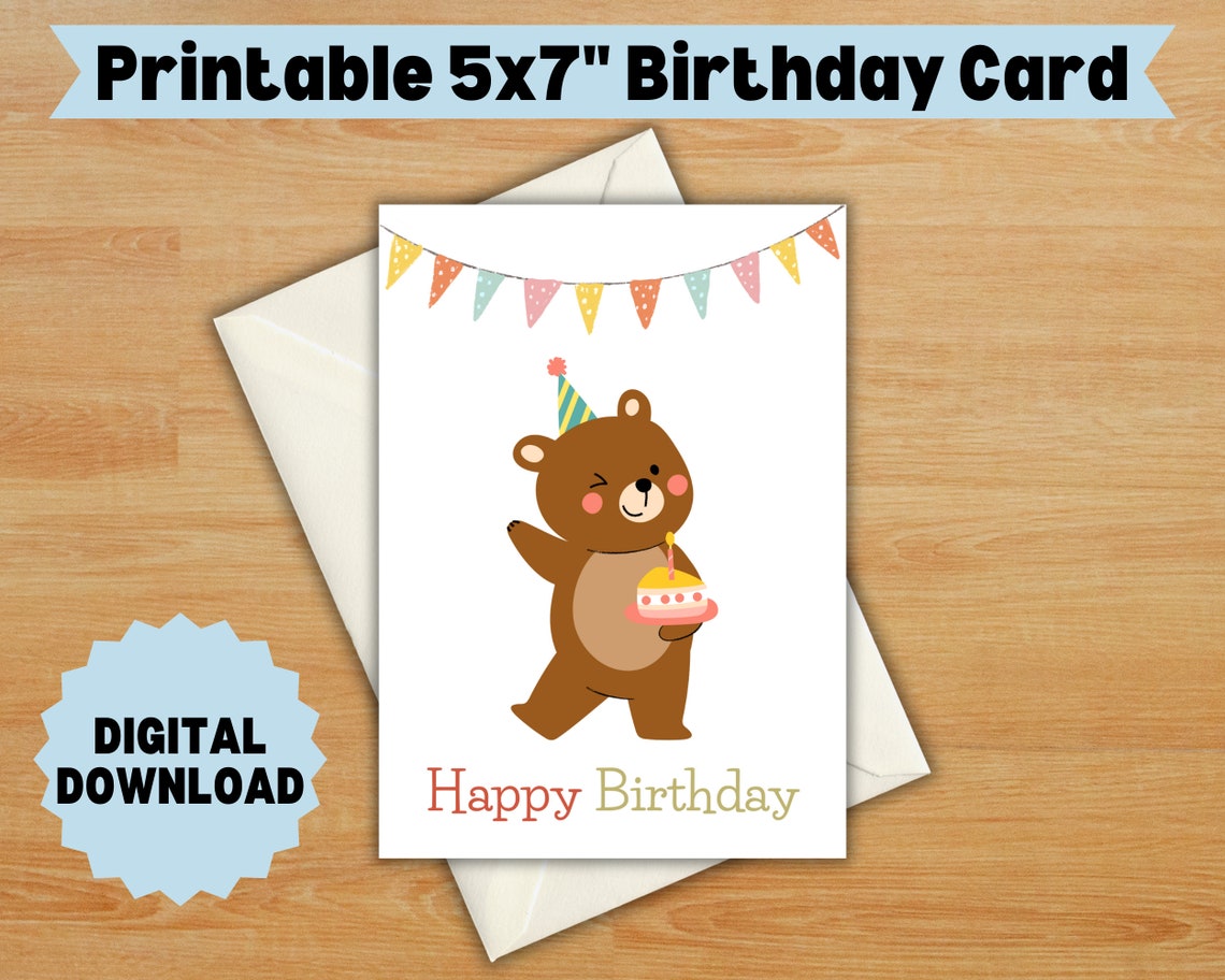 Printable Kids Brown Bear Birthday Card, Instant Download, 5x7" Card ...