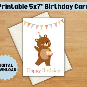 Printable Kids Brown Bear Birthday Card, Instant Download, 5x7" Card ...