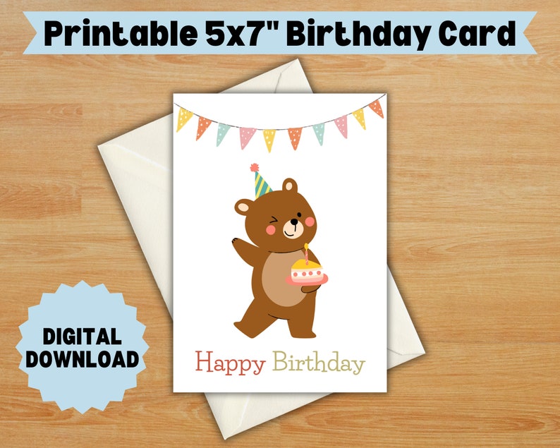 Printable Kids Brown Bear Birthday Card, Instant Download, 5x7" Card ...