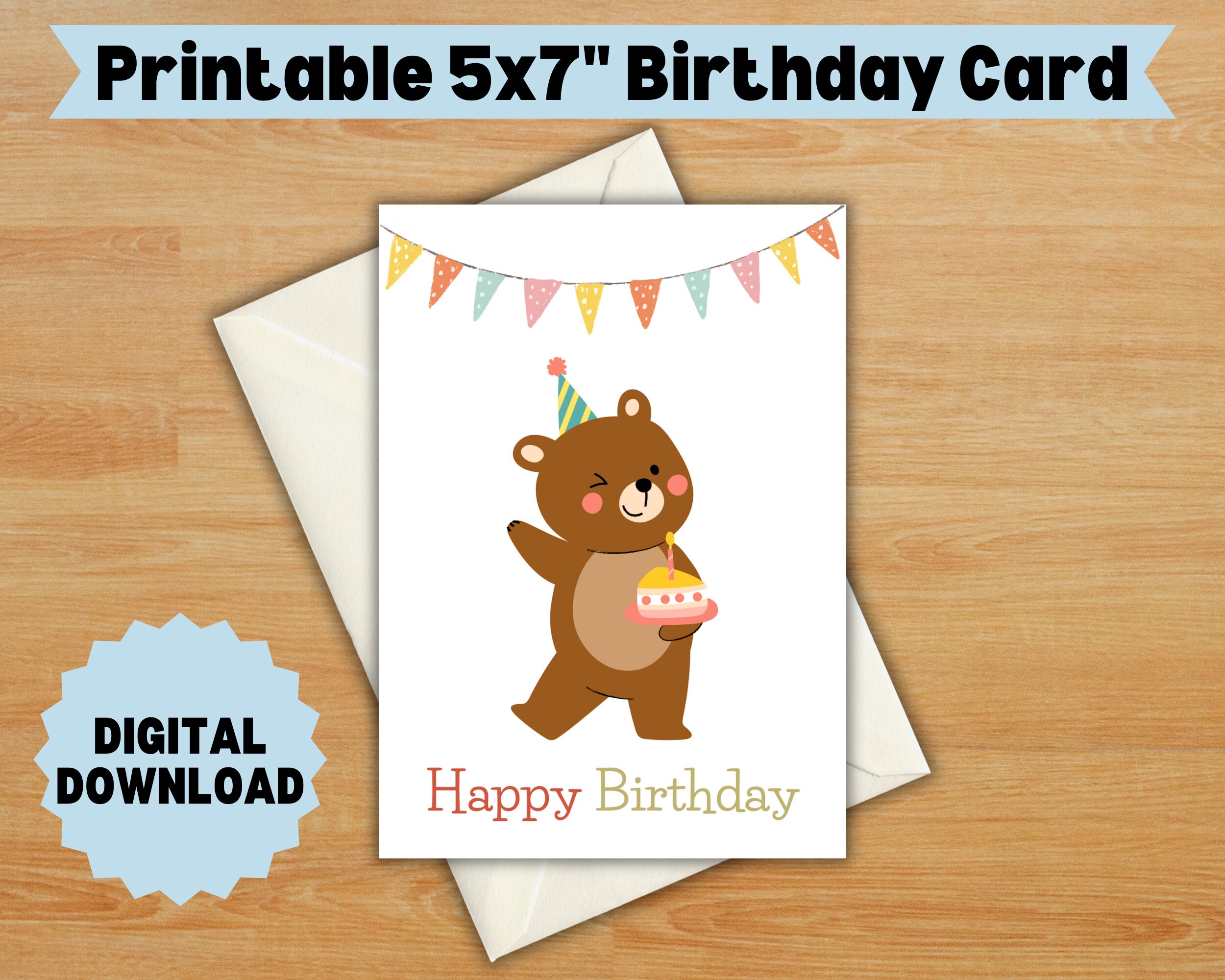 Printable Kids Brown Bear Birthday Card, Instant Download, 5x7" Card ...