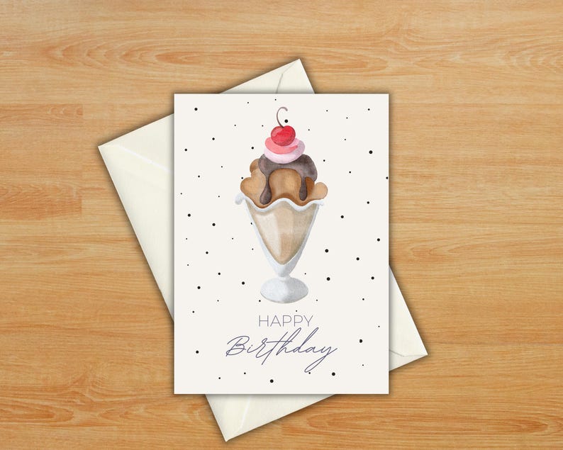 Printable Water Color Ice Cream Sundae Birthday Card, Instant Download ...