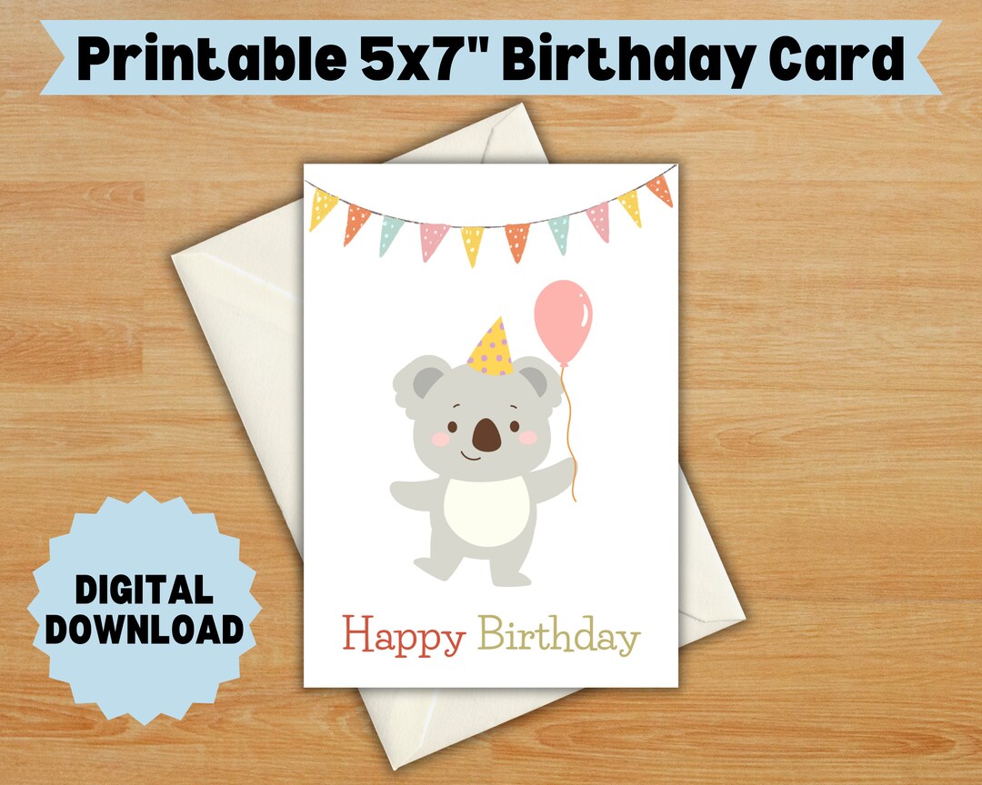 Printable Kids Koala Bear Birthday Card, Instant Download, 5x7" Card ...