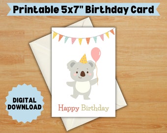 Printable Kids Brown Bear Birthday Card, Instant Download, 5x7 Card ...