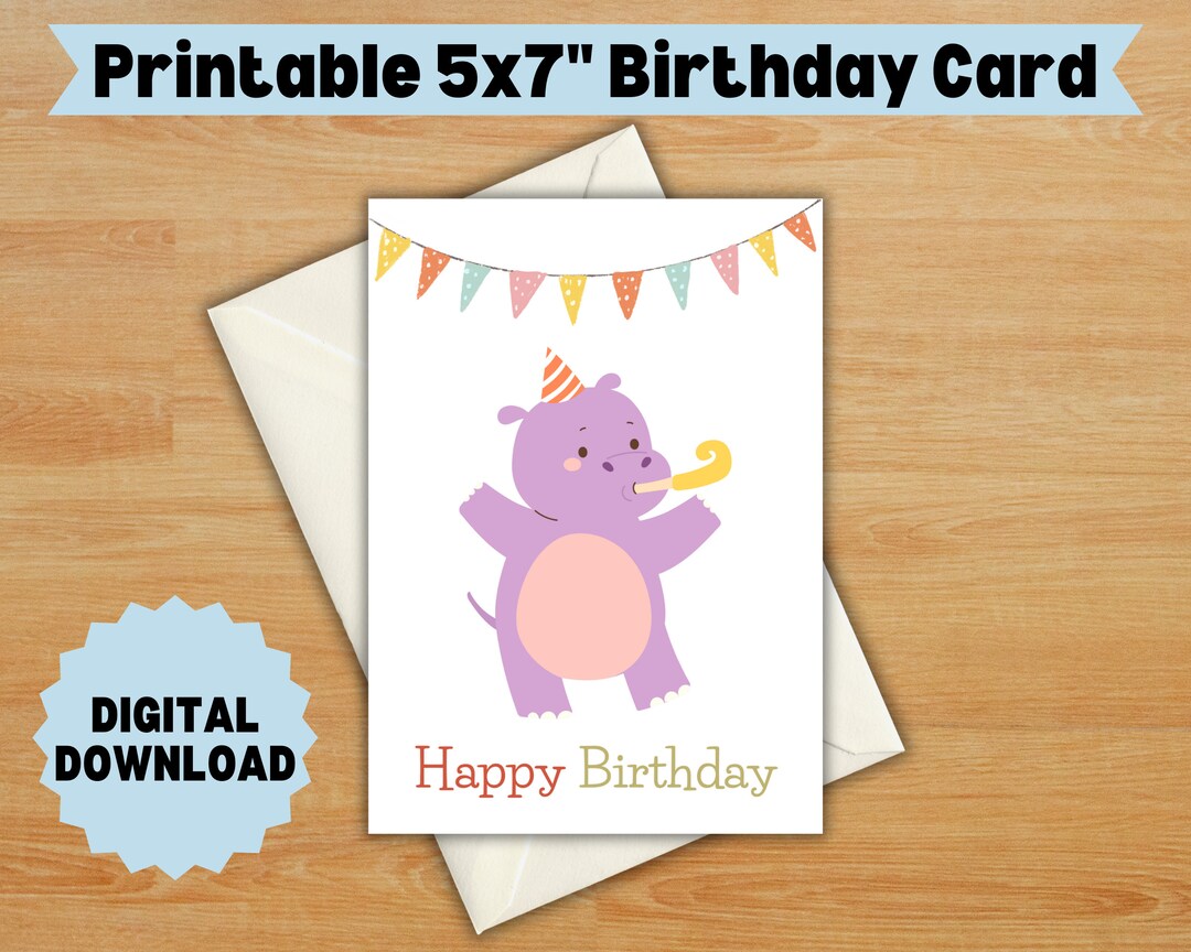 Printable Kids Hippopotamus Birthday Card, Instant Download, 5x7" Card ...