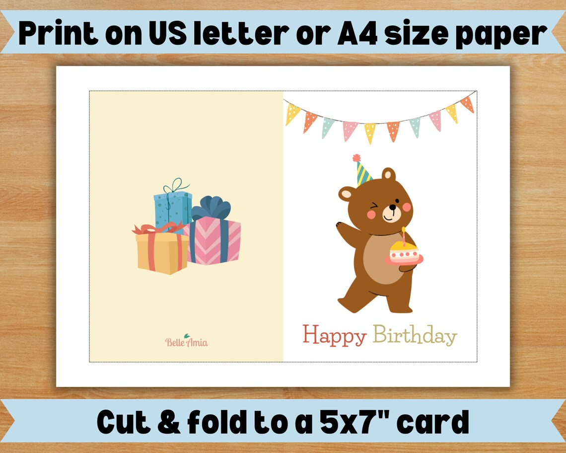 Printable Kids Brown Bear Birthday Card, Instant Download, 5x7" Card ...