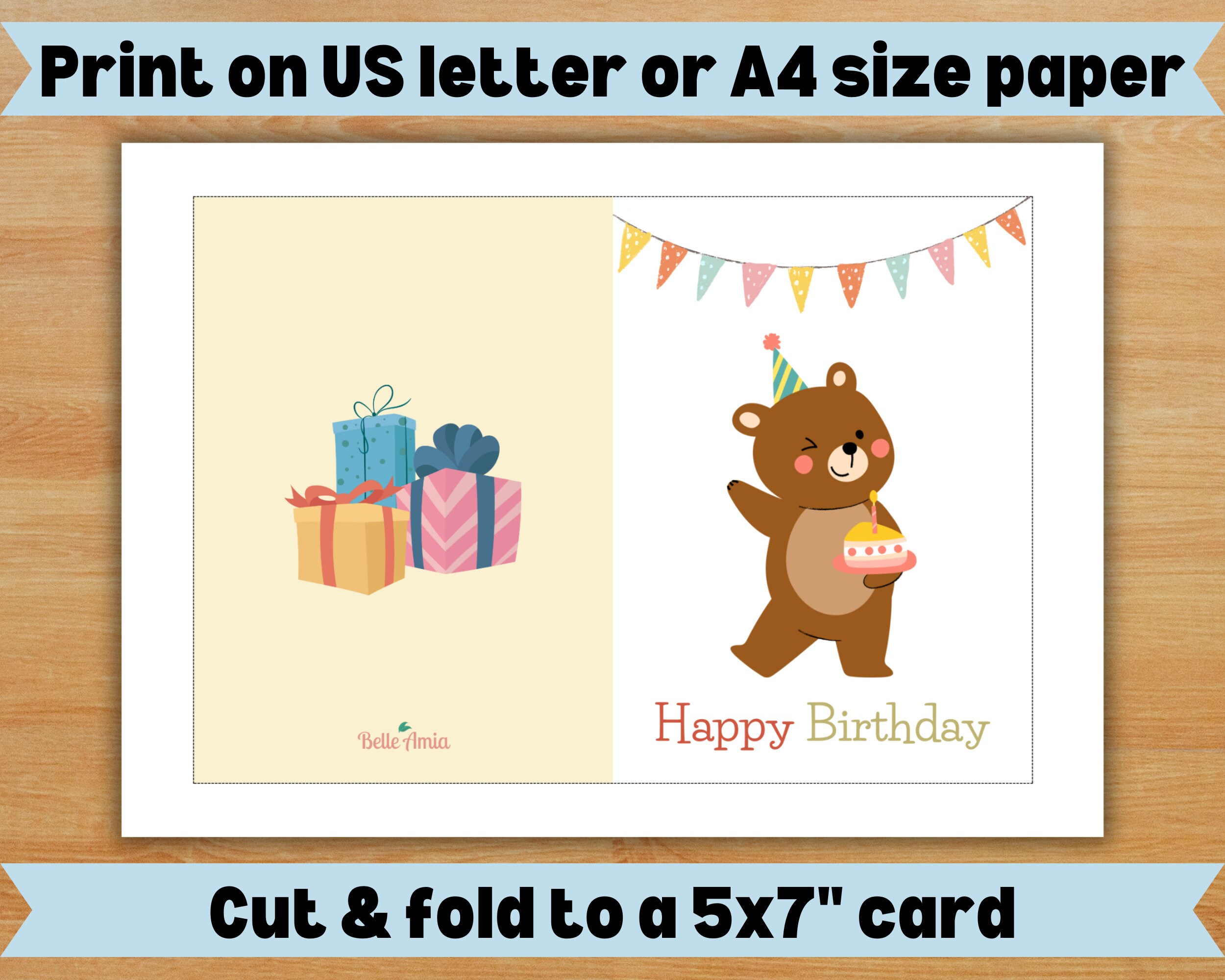 Printable Kids Brown Bear Birthday Card, Instant Download, 5x7" Card ...
