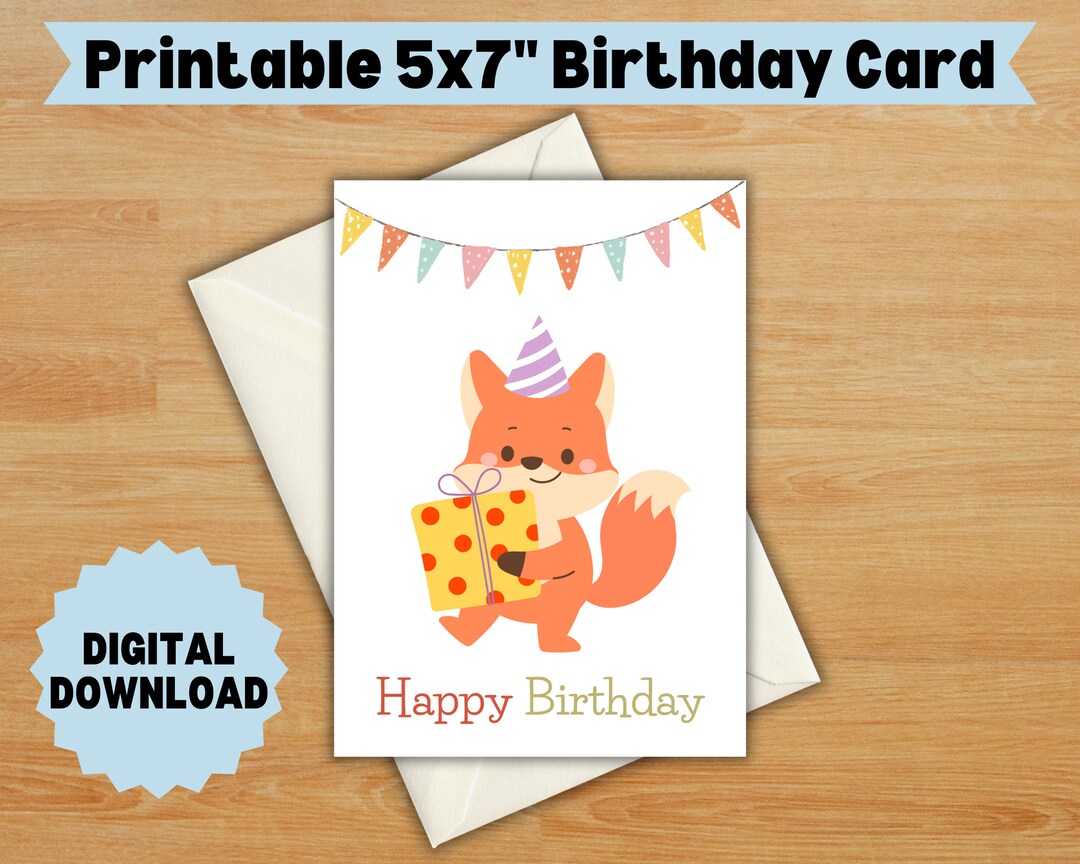 Printable Kids Fox Birthday Card, Instant Download, 5x7" Card, Fun and ...