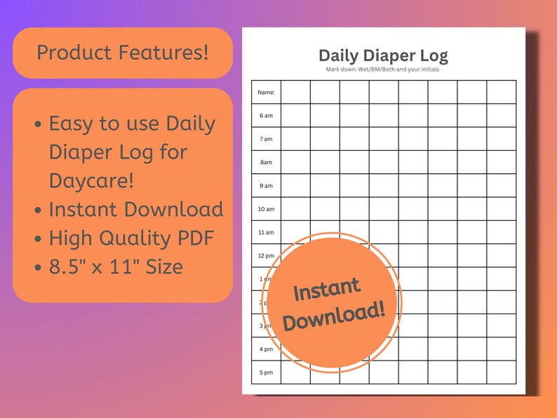 Printable Diaper Changing Log, Daily Daycare or Parent Downloadable ...