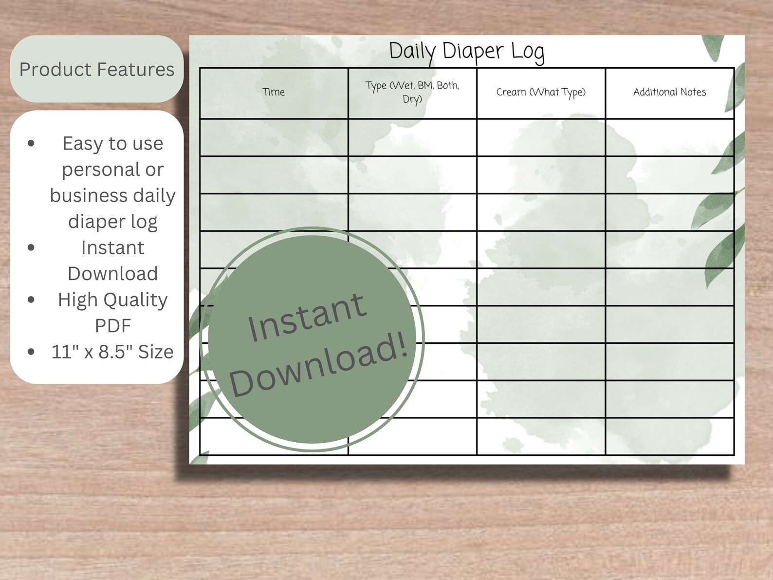 Colorful Printable Diaper Changing Log, Daily Daycare or Parent Instant ...
