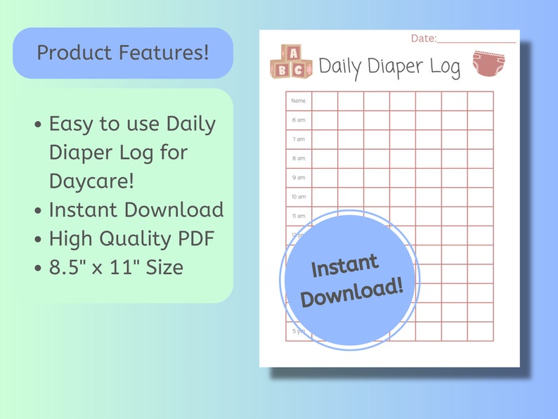 Printable Diaper Changing Log, Daily Daycare or Parent Downloadable ...