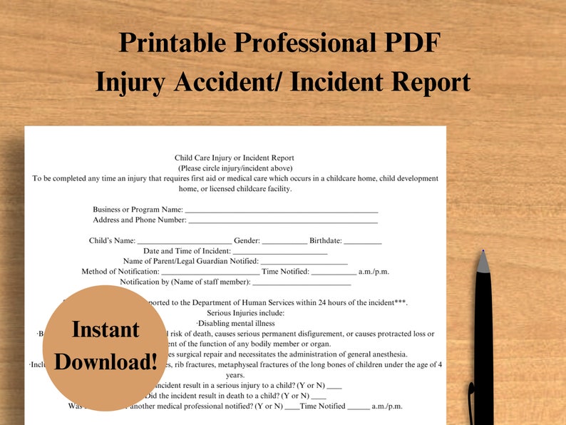 Professional Childcare Incident and Injury Report Form for Daycare ...