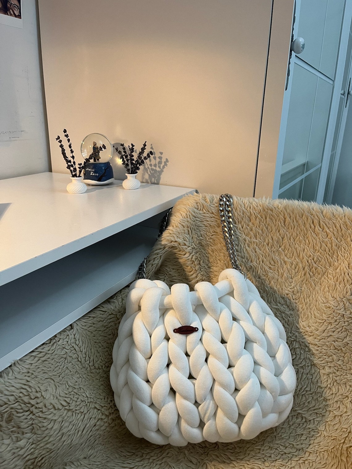 Chunky Yarn Midi White Whisper Bag - Handmade Wool Bag With Chain or ...