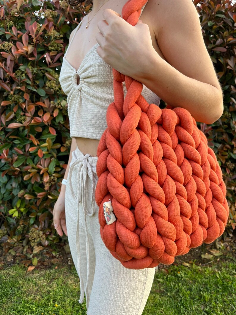 Sunset Hues Handmade Orange Marshmallow Chunky Knit Bag Soft Yarn ...