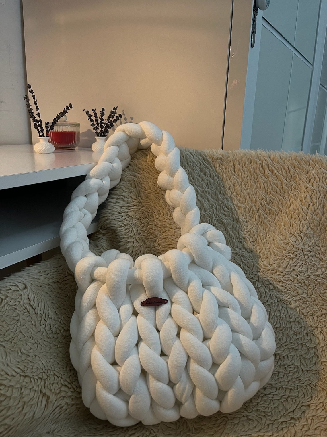 Chunky Yarn Midi White Whisper Bag - Handmade Wool Bag With Chain or ...