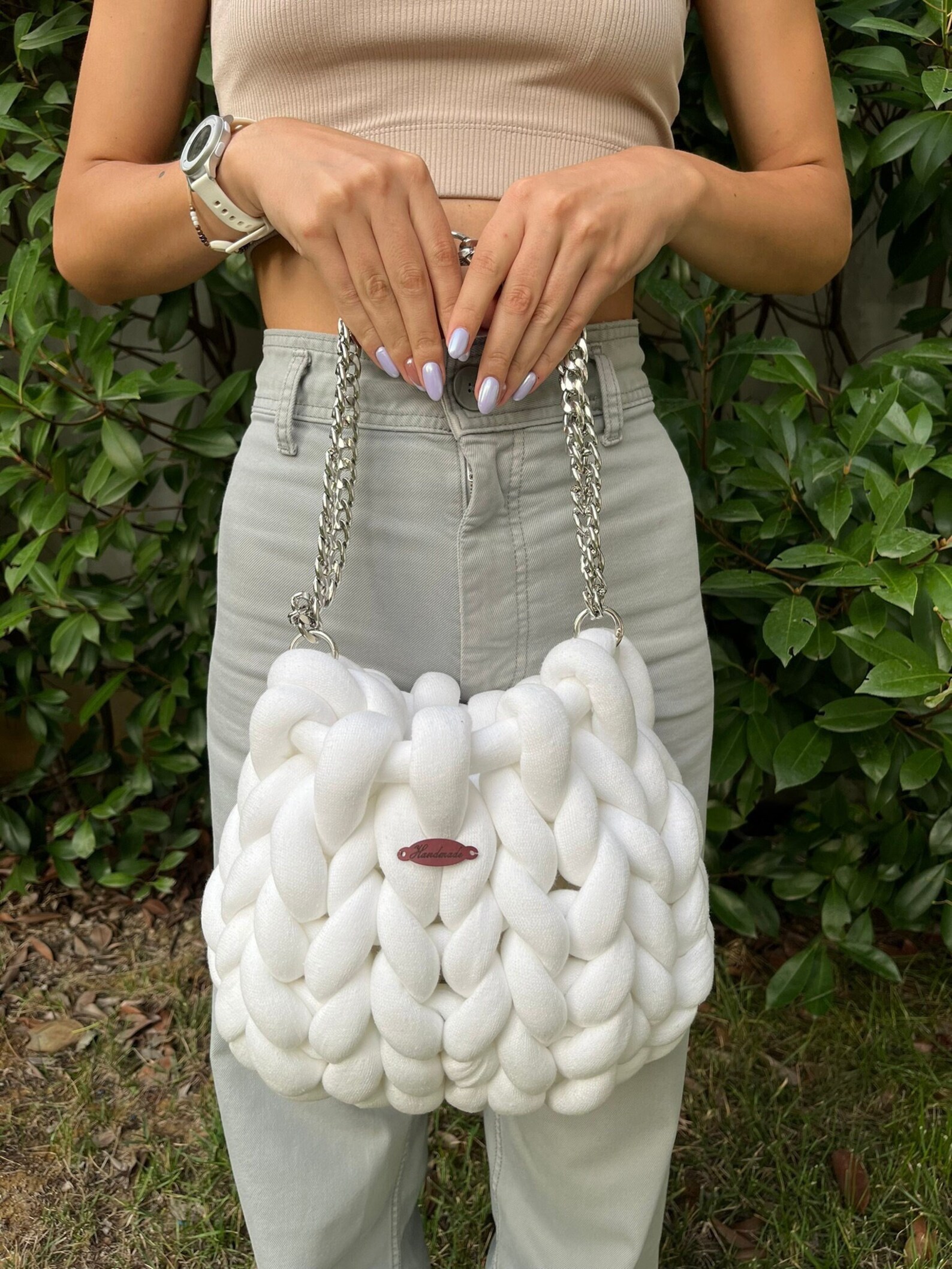 Chunky Yarn Midi White Whisper Bag - Handmade Wool Bag With Chain or ...