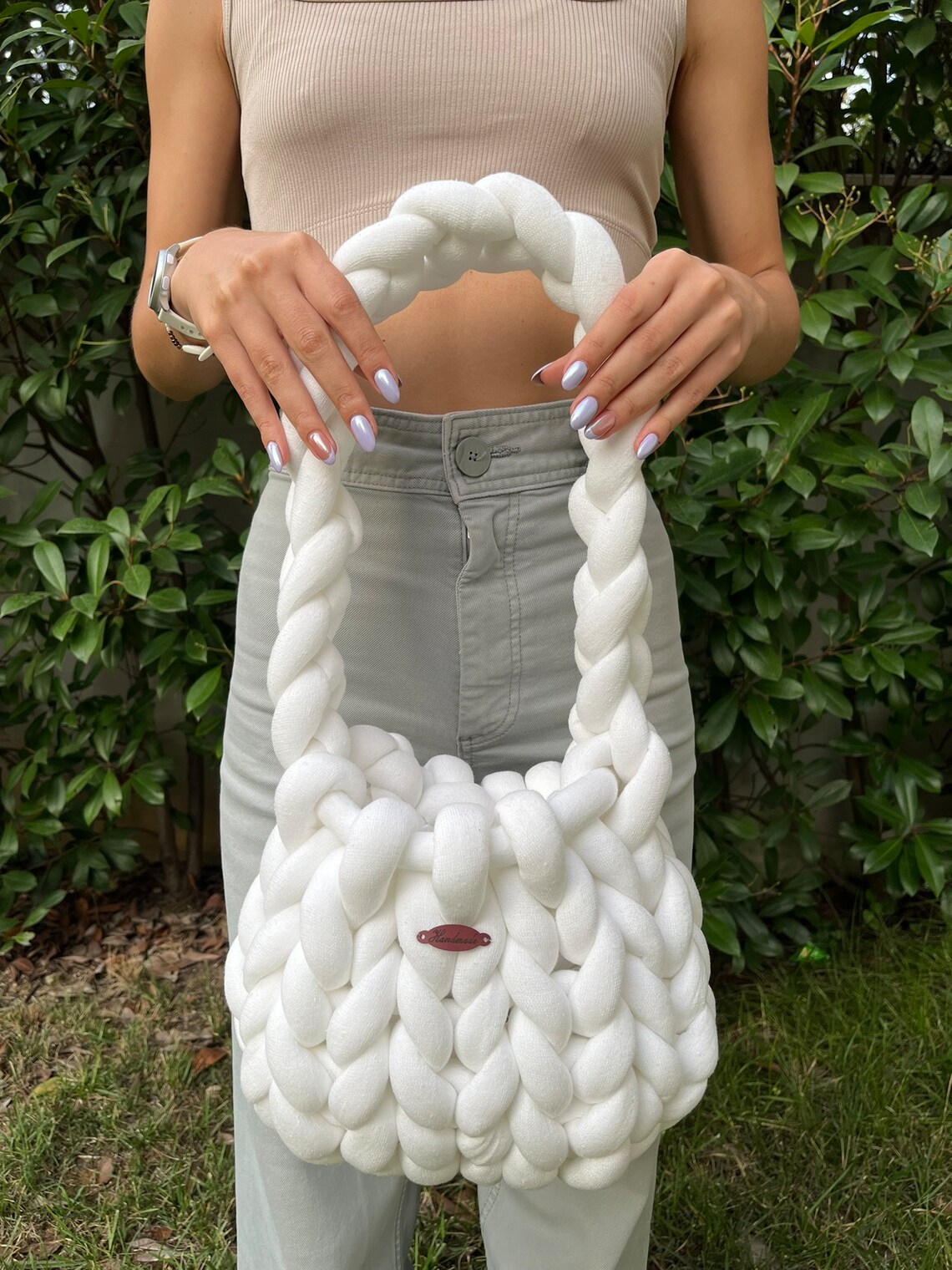 Chunky Yarn Midi White Whisper Bag - Handmade Wool Bag With Chain or ...