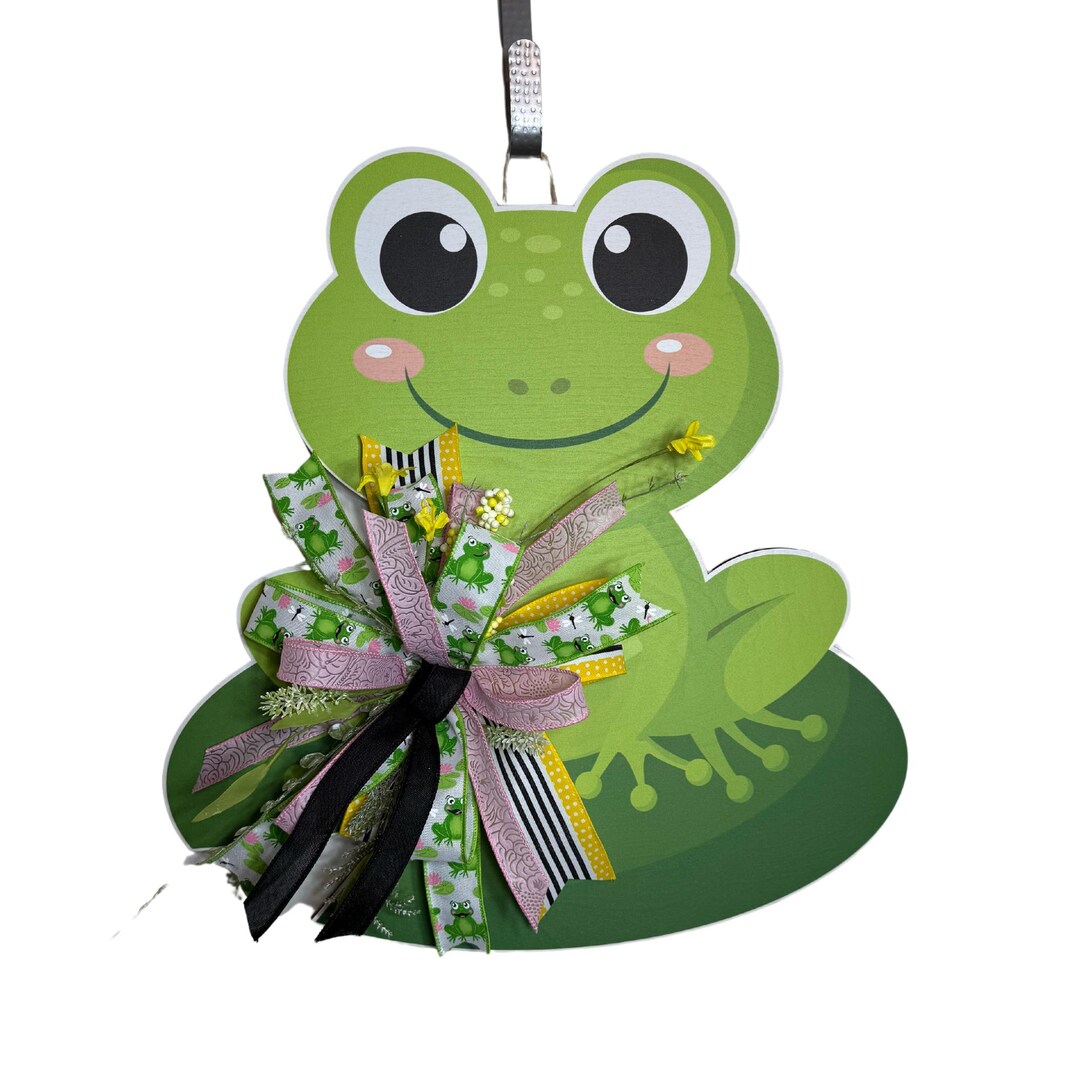 Funny Frog Wreath, Cute Frog Door Hanger, Ribbit Welcome Sign, Spring ...