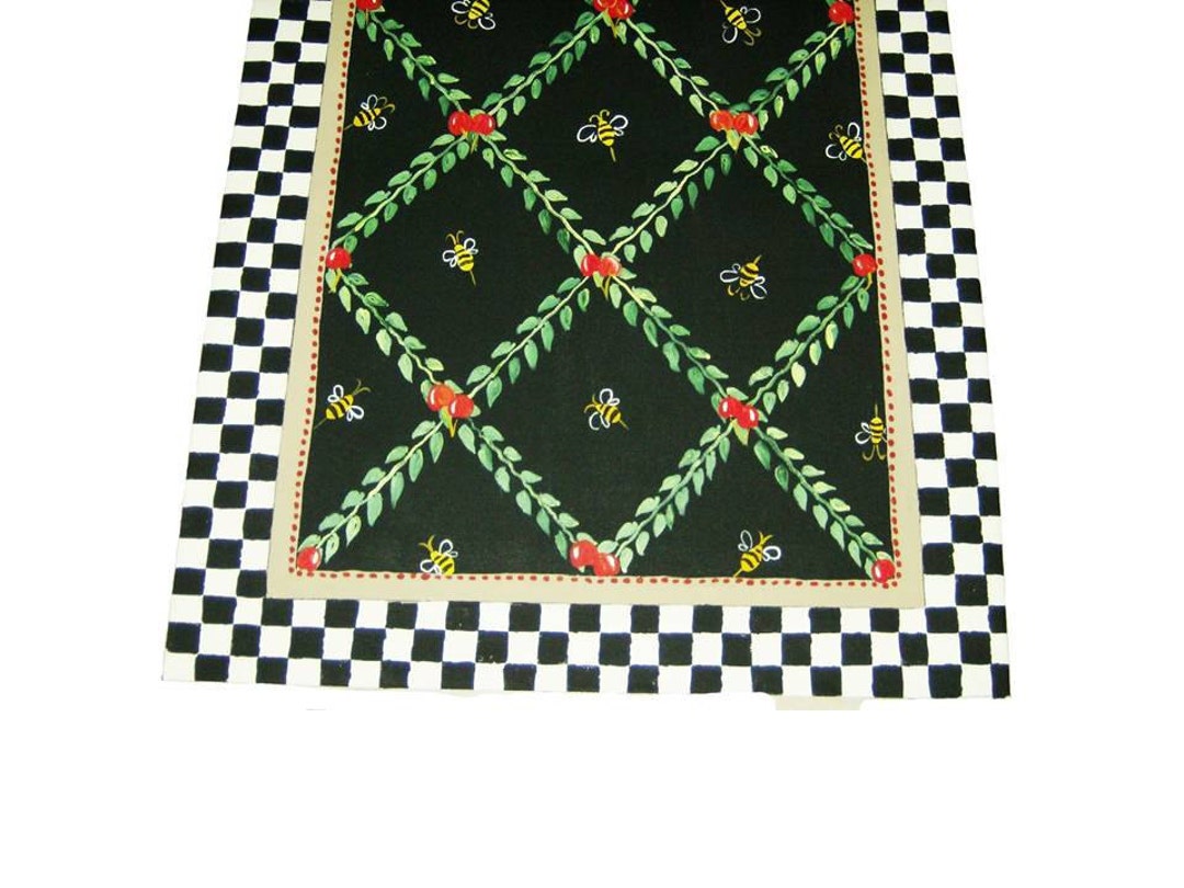 Bumble Bee FLOORCLOTH / Hand Painted Rug / Black and White Checks ...