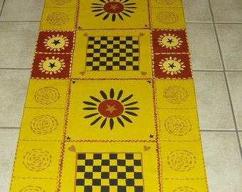 FLOORCLOTH COUNTRY RUNNER Hand Painted Rug 4x6 Honey Gold and Gray-blue ...