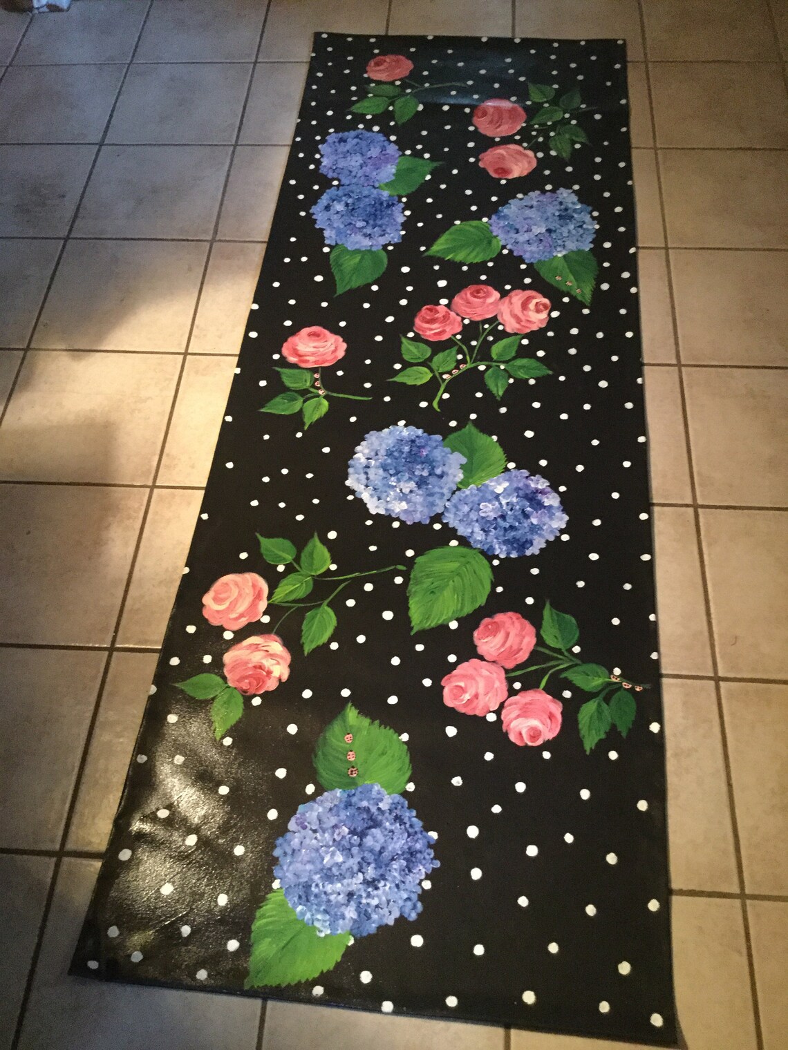 FLOORCLOTH COUNTRY RUNNER Hydrangeas / Pink Roses / Hand Painted Rug 2 ...