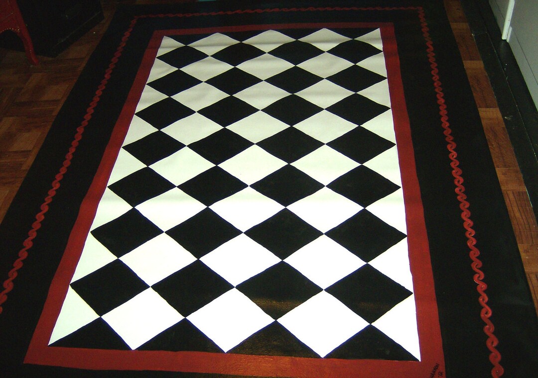 FLOORCLOTH Black and White Diamond Pattern, Hand Painted Rug COUNTRY ...