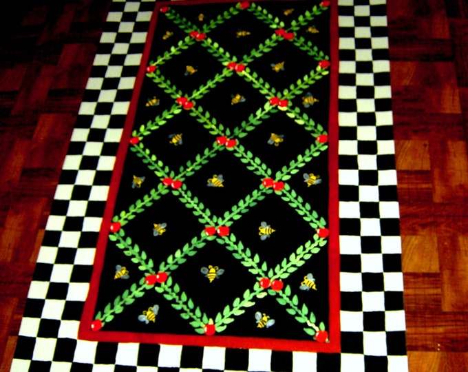 Bumble Bee FLOORCLOTH / Hand Painted Rug / Black and White - Etsy