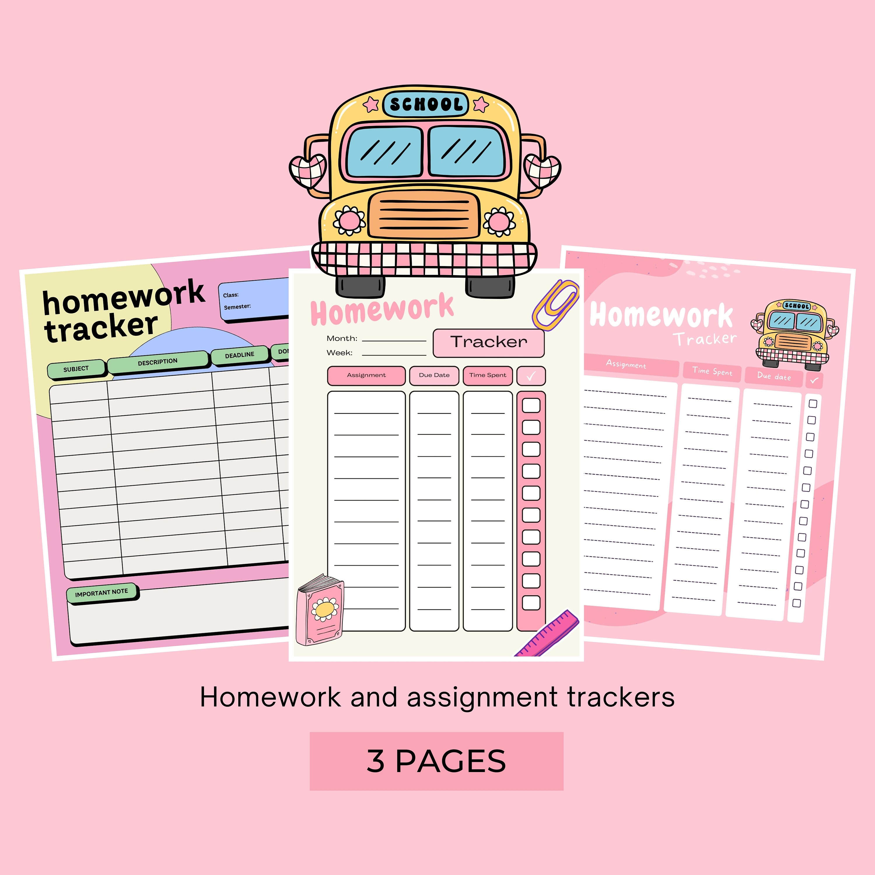Printable Homework & Assignment Trackers for Girls 3 Cute Back-to ...
