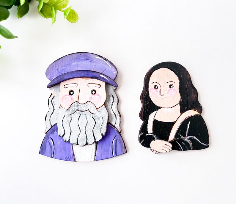 Leonardo Da Vinci & Mona Lisa Magnet Set | Hand Painted Wooden Art Magnets | Renaissance Gift ...