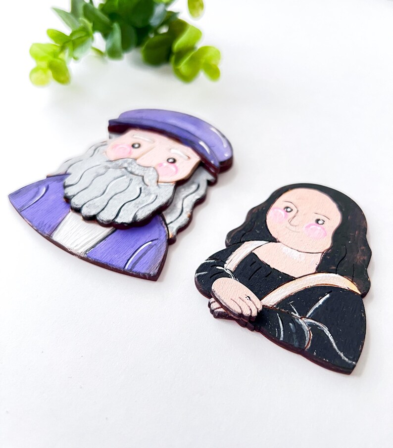 Leonardo Da Vinci & Mona Lisa Magnet Set | Hand Painted Wooden Art Magnets | Renaissance Gift ...