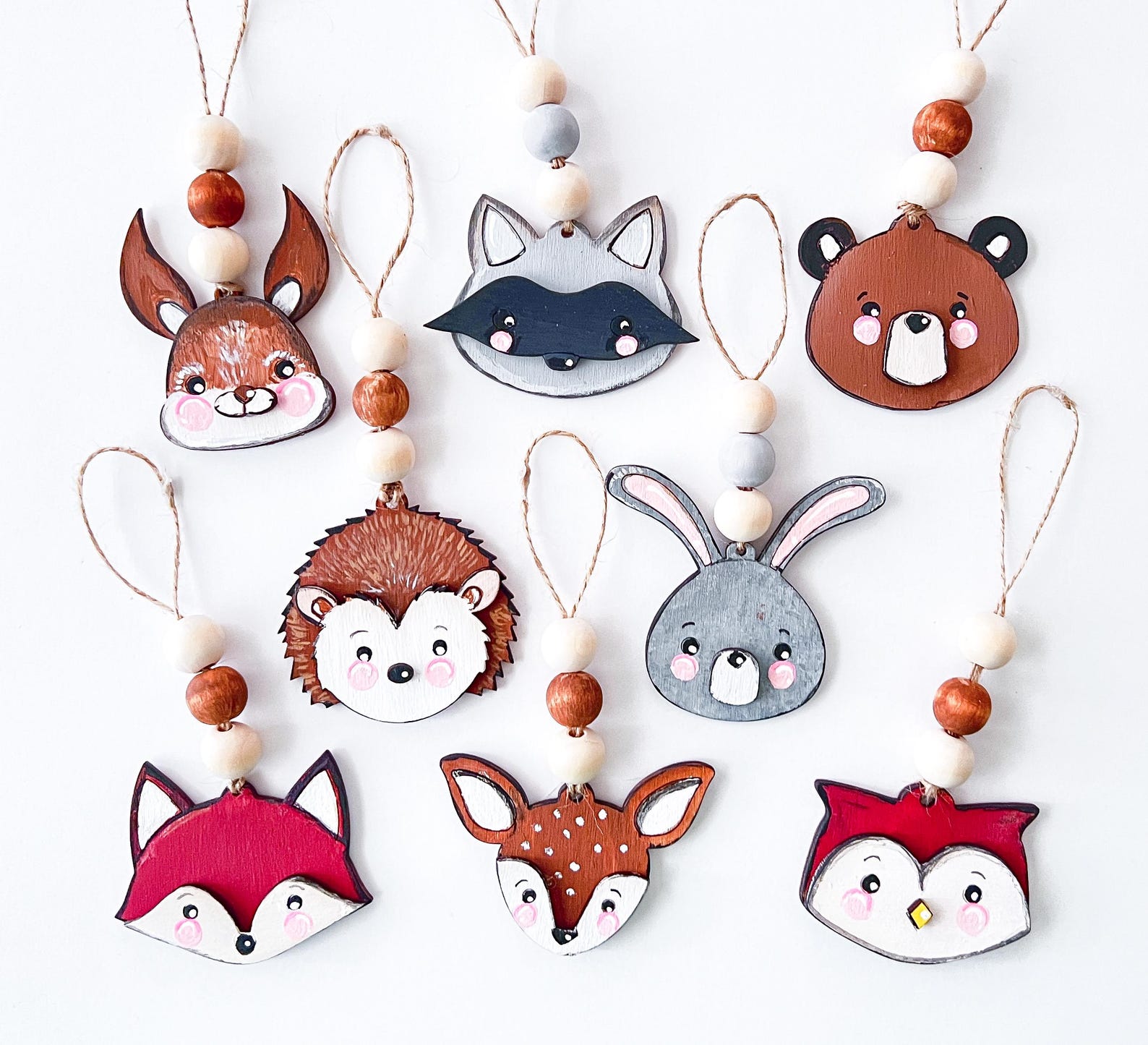 Woodland Animal Ornaments – Handpainted Wooden Fox, Deer, Bear, Bunny ...
