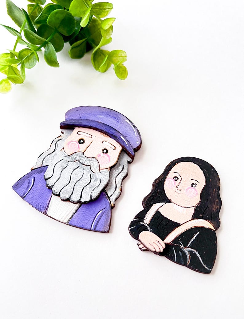 Leonardo Da Vinci & Mona Lisa Magnet Set | Hand Painted Wooden Art Magnets | Renaissance Gift ...