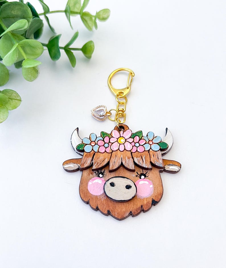 Highland Cow Keychain – Hand Painted Layered Wood Bag Charm With Floral ...
