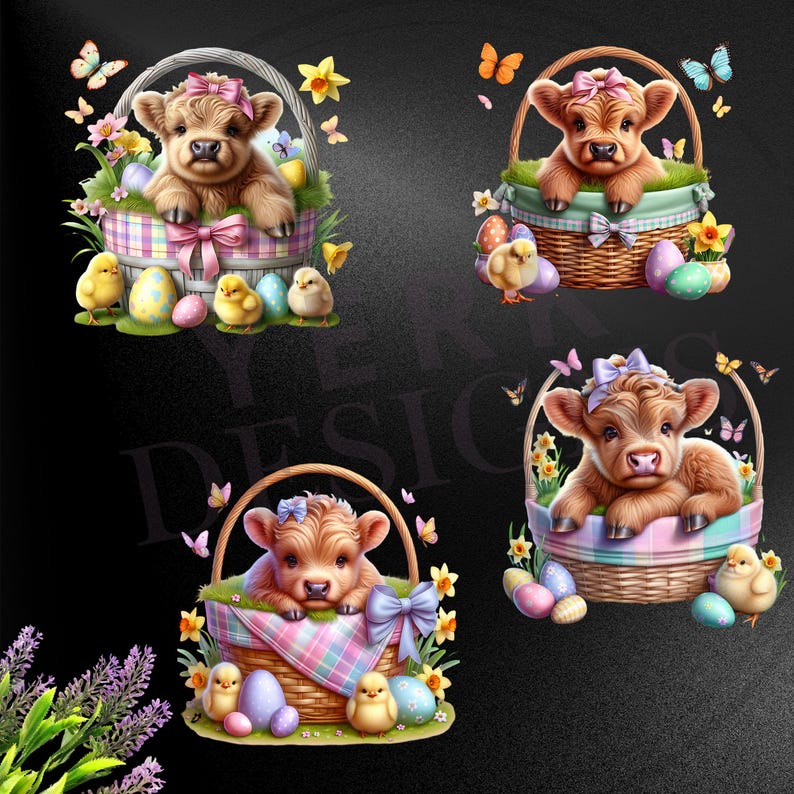Easter Basket Highland Cow PNG Bundle | Cute Spring Cow Clipart ...