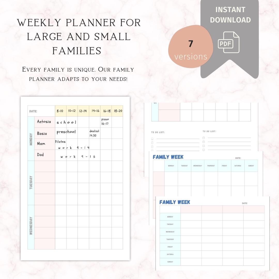 Weekly Family Planner - Printable Schedule for Families of 3, 4, or 5 ...