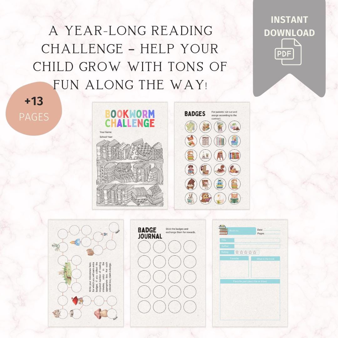 Bookworm Challenge Printable, Kids Reading Tracker & Journal, Badge ...