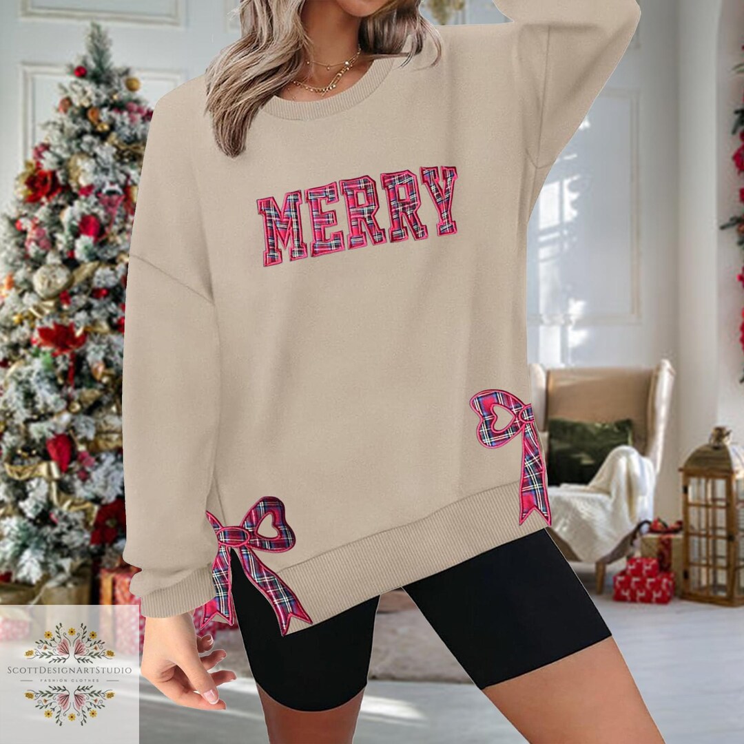 Merry Side Bow Cut Out Embroidered Sweatshirt, Plaid Christmas Pullover ...